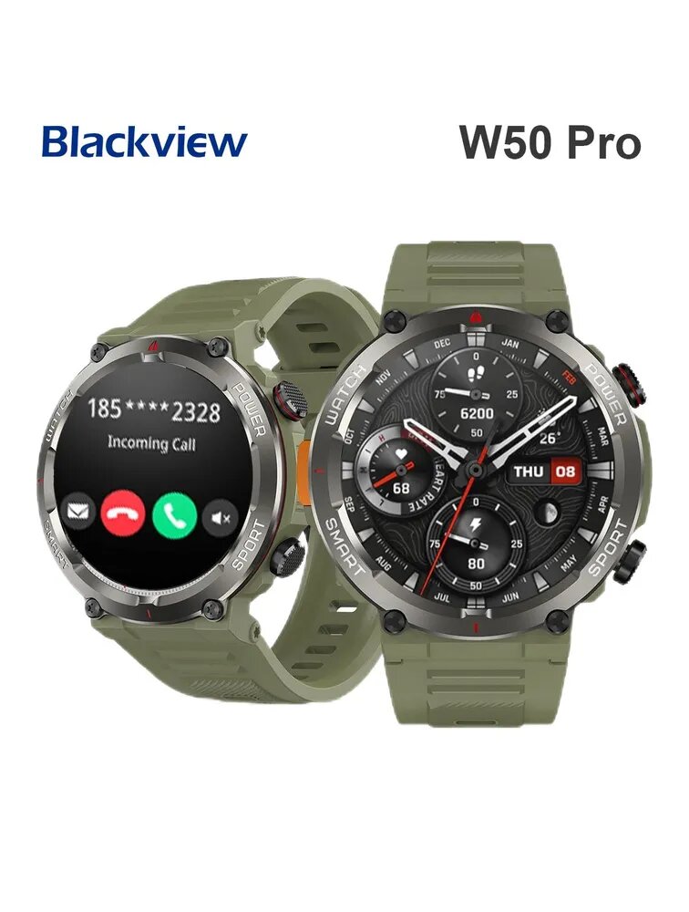 Blackview Смарт-часы W50 Pro 1,45-дюймовый, степень защиты от воды IP68, 100+ спортивных режимов, аккумулятор 960 мАч, Вызов по Bluetooth, мониторинг сна, 2 Ремешка, 36mm, зеленый