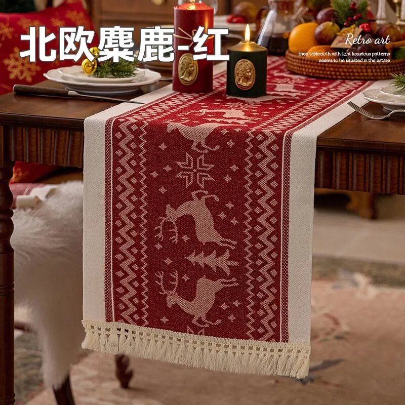 Дорожка для стола Искусственный лён 35x160см, красная, с бахромой, водоотталкивающая