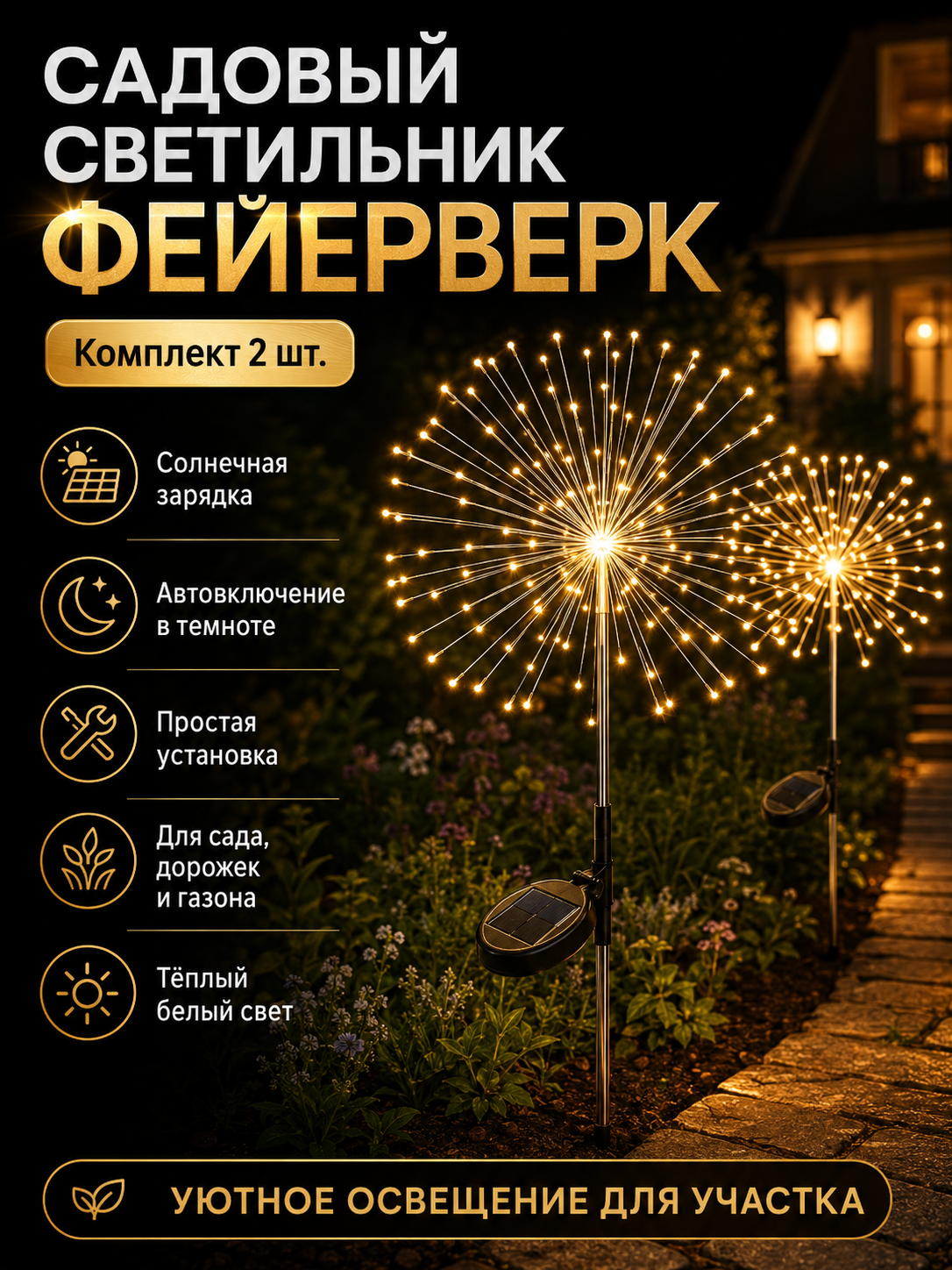 Светильник уличный на солнечной батарее (Фейерверк) 2шт, желтый