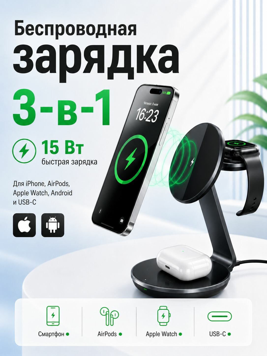 Беспроводное зарядное устройство 3 в 1 для Apple Android Подставка для телефона с зарядкой/Материал из алюминиевого сплава/ черный