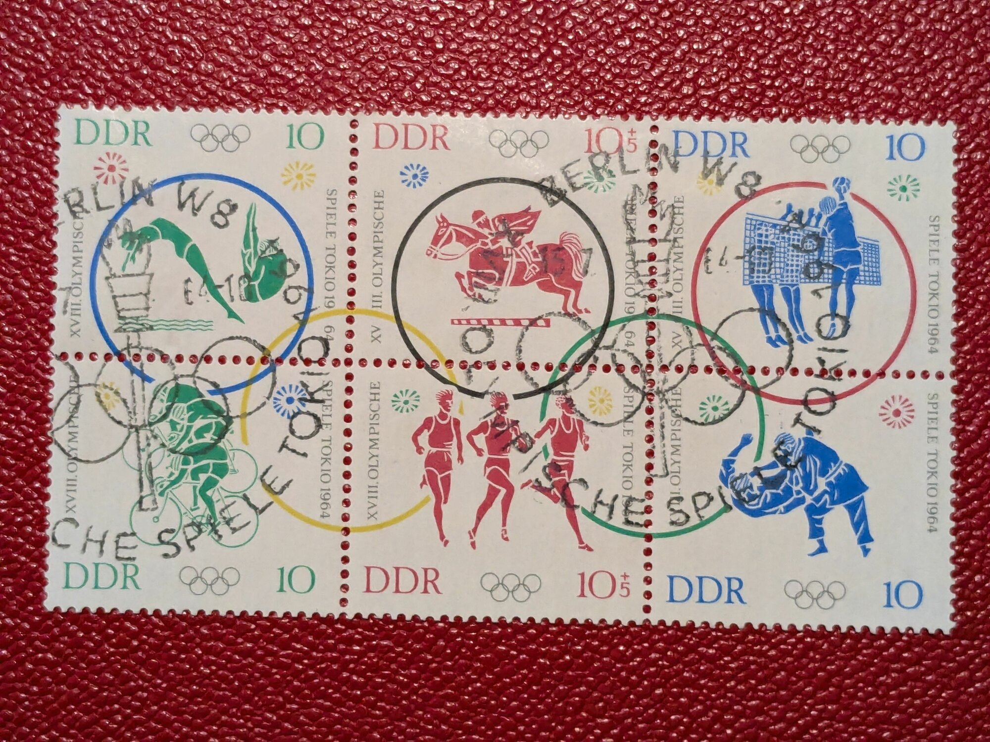 Марки Германия (ГДР) 1964. Лист - Серия: "Олимпийские игры Токио, Япония". Редкость. Наклейка. Спец Гашение. См фото