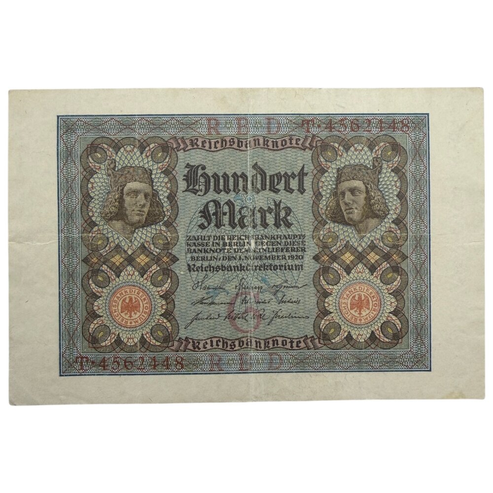 Веймарская республика (Германия) 100 марок 1920 г. (Литера G) (Серия T) (7-значный номер)