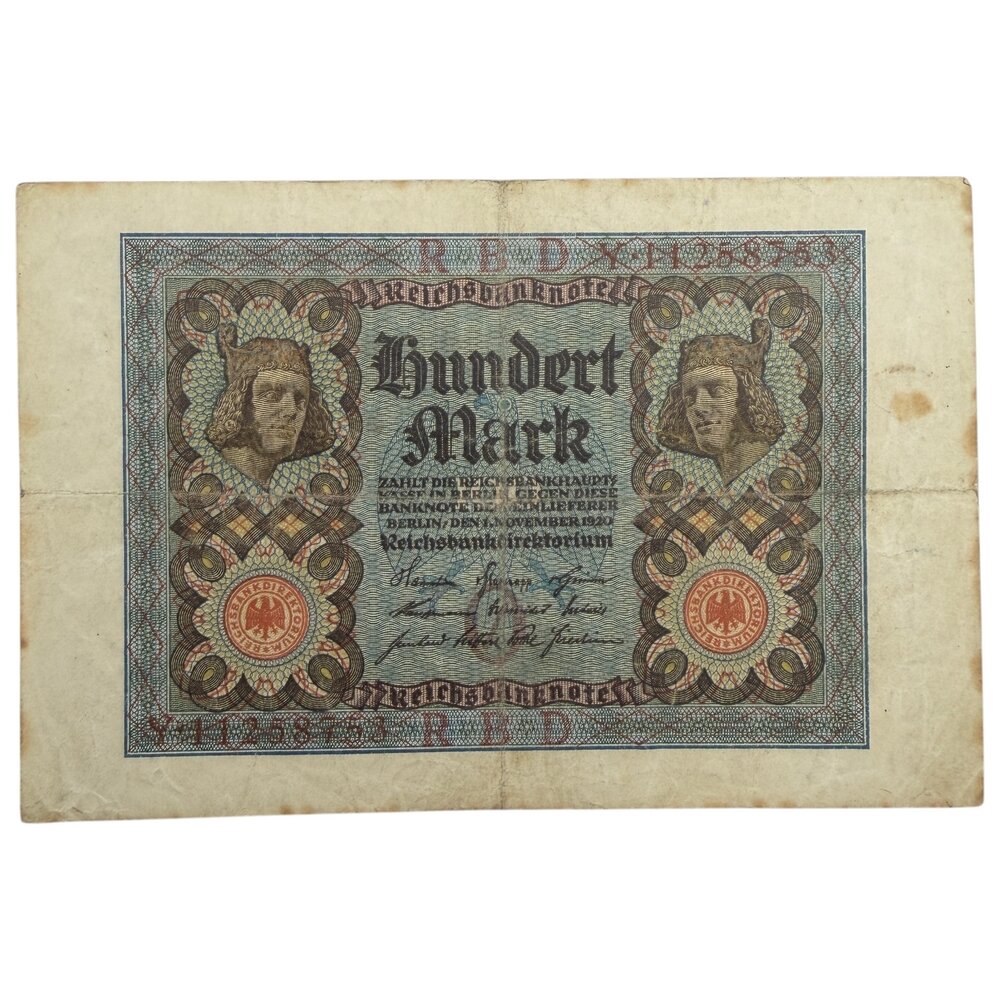 Веймарская республика (Германия) 100 марок 1920 г. (Литера O) (Серия Y) (8-значный номер)