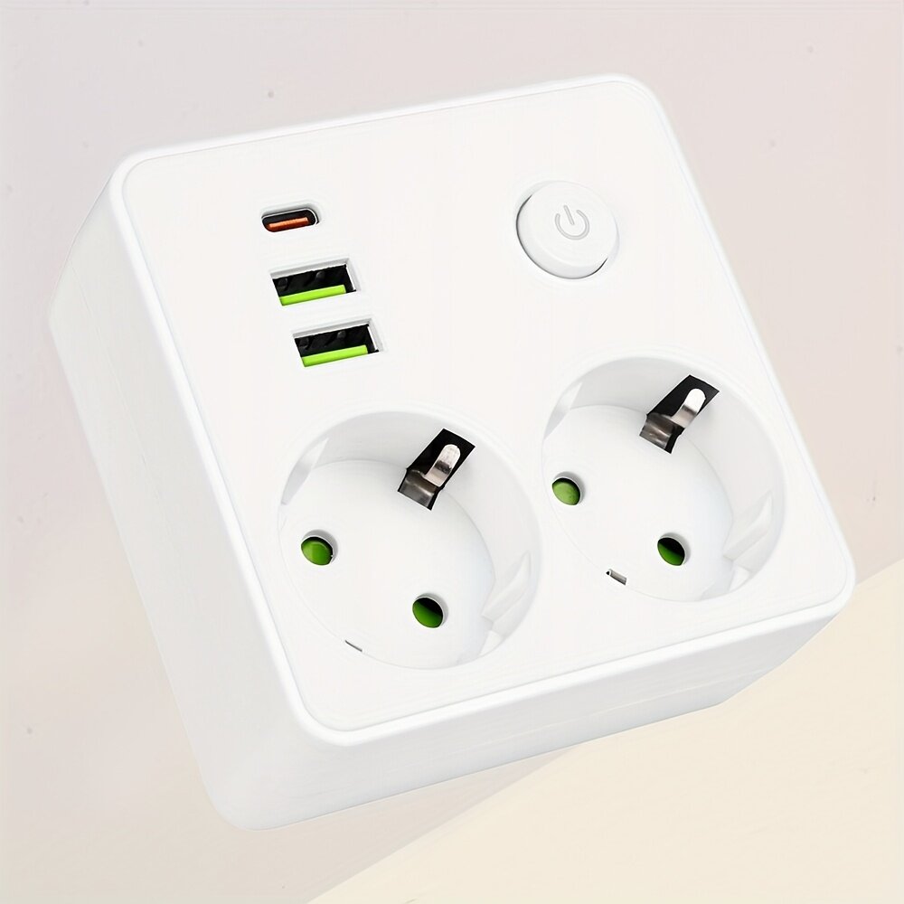 Настенный удлинитель с 2 розетками, 2 USB и 1 Type-C, 2500 Вт, белый, EU вилка