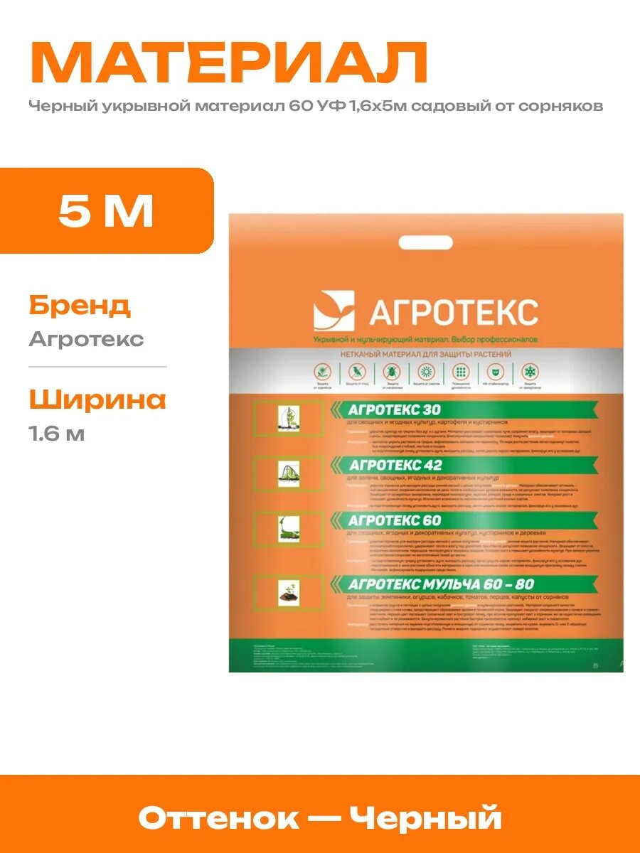Спанбонд 60 черный 1,6х5м мульчирующее полотно от сорняков