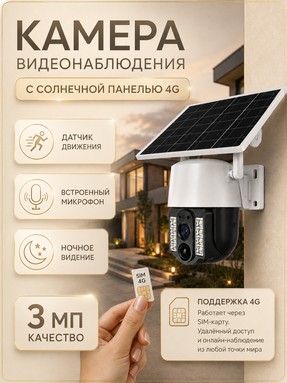 Уличная камера видеонаблюдения 4G с SIM-картой, Full HD, солнечная панель, аккумулятор 8000 мА·ч
