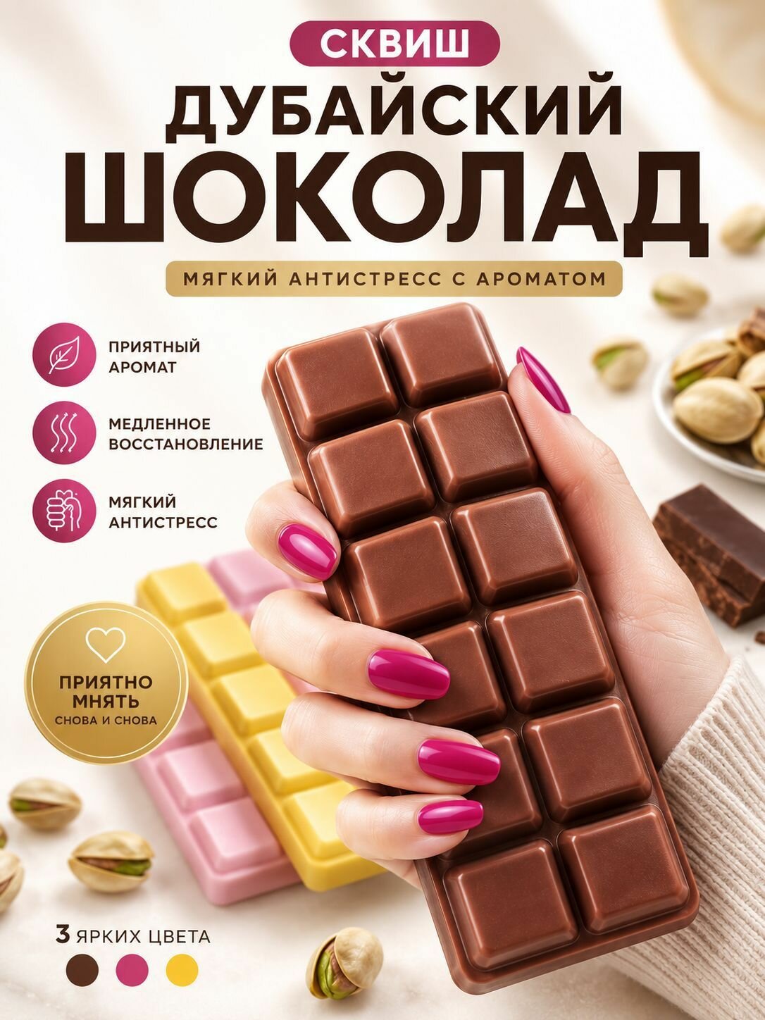 Сквиш антистресс дубайский шоколад, игрушка шоколадка для детей и взрослых
