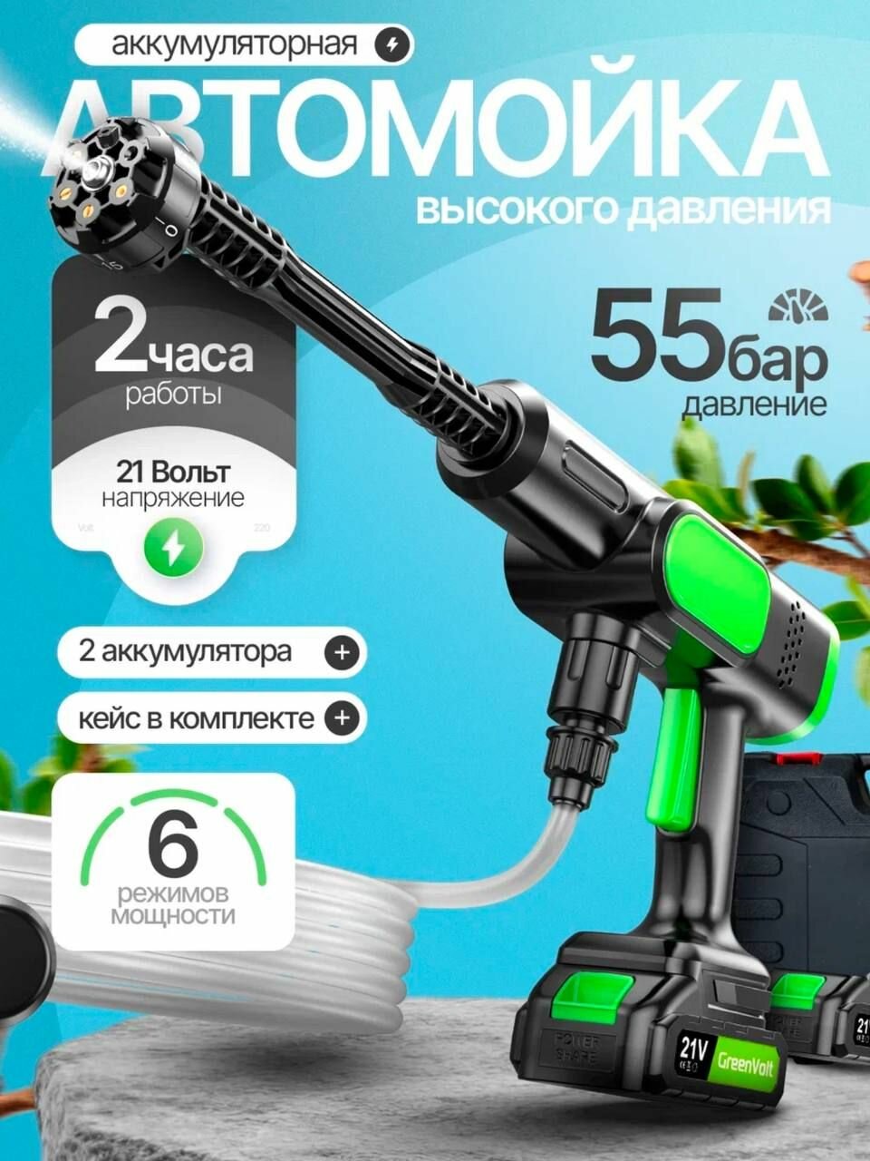Аккумуляторная мойка высокого давления 21В 55 бар / Портативная минимойка с пистолетом, пенообразователем и кейсом / Беспроводная автомойка с 2 АКБ