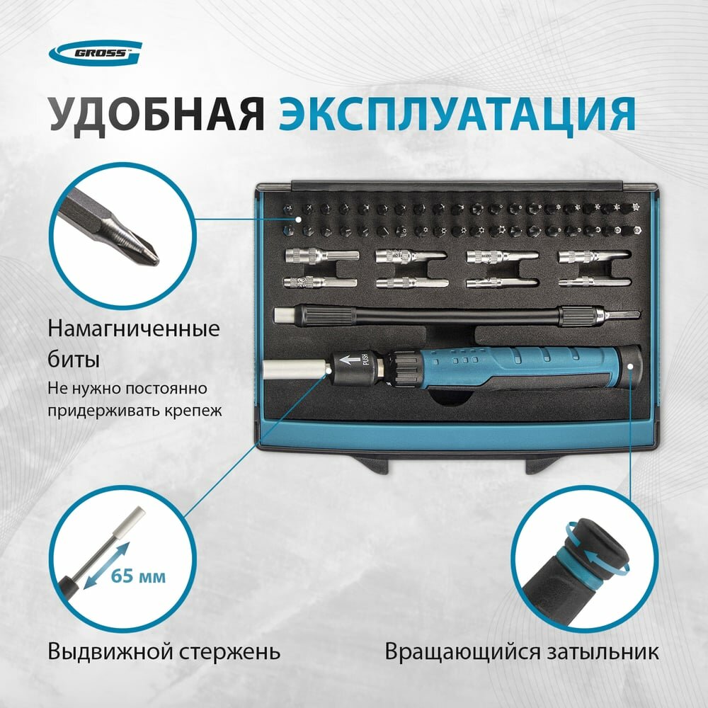 Отвертка с набором бит и торцевых головок для точных работ GROSS 48 шт, гибкий провод, CrMo 11599 — фото 1