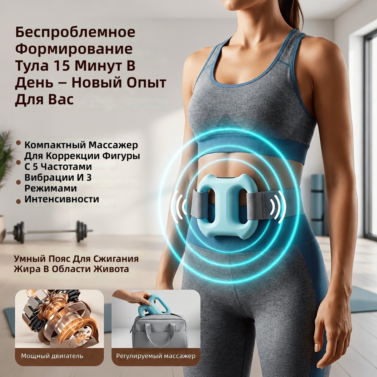 Электрическое массажное кольцо с двойным ободом и регулируемым ремнем для массажа и тренировки талии, живота, рук и ног + эластичная лента для йоги, синий