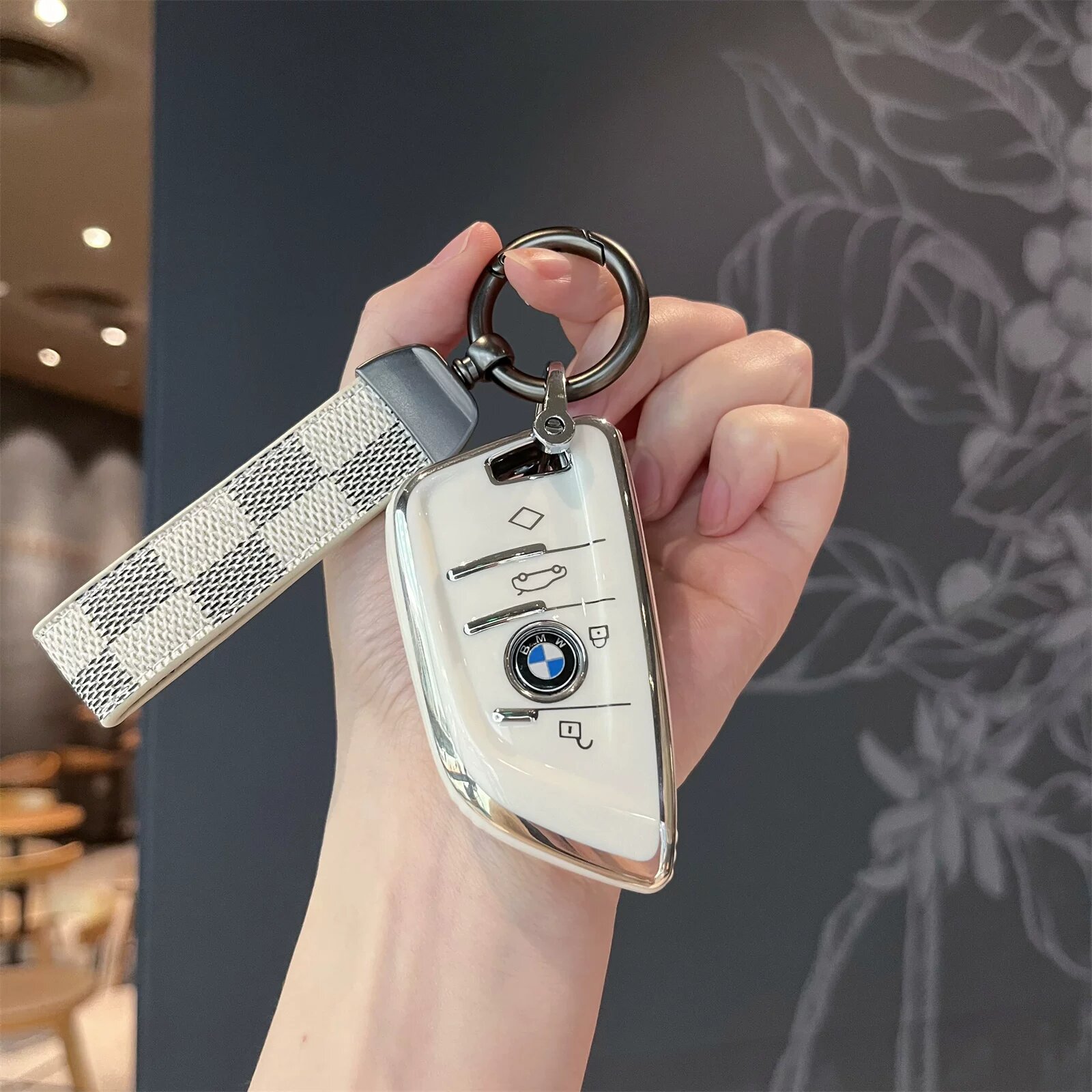 Серебристо-белый клетчатый шнур чехол для ключа BMW, лезвийный дизайн, премиум-качество, 1 шт