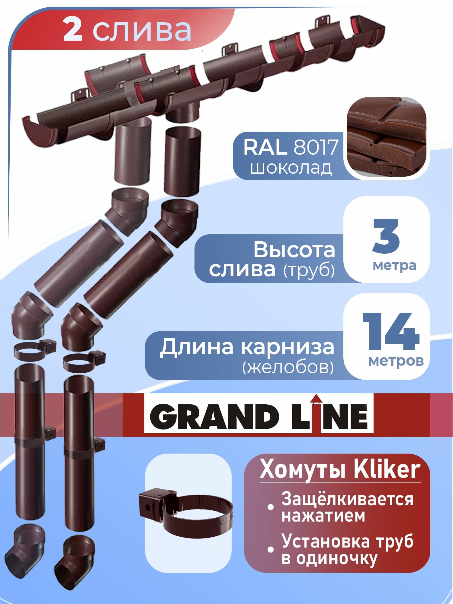 Водосточная система Grand Line 14 м ( 1,5 м+1 м ) хомут кликер шоколадный RAL 8017 , водосток для крыши пластиковый Гранд Лайн ( 120 мм / 90 мм ) комплект элементов ПВХ