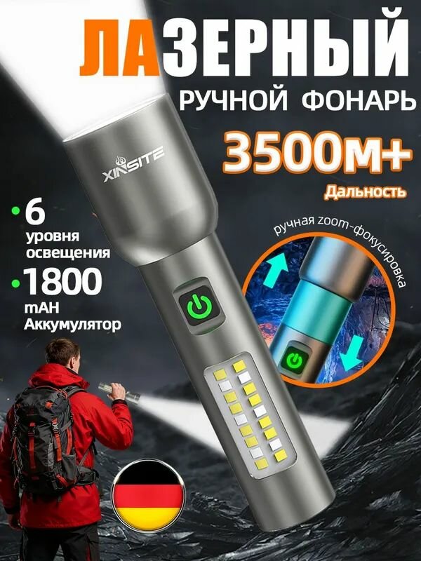 Фонарик аккумуляторный ручной; спортивный фонарик с ZOOM эффектом и подсветкой