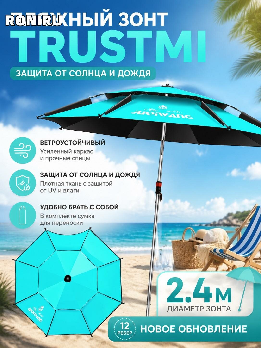 Пляжный зонт TRUSTMI 220 см бирюзовый — складной большой зонт от солнца и дождя с ветроустойчивым верхом и сумкой