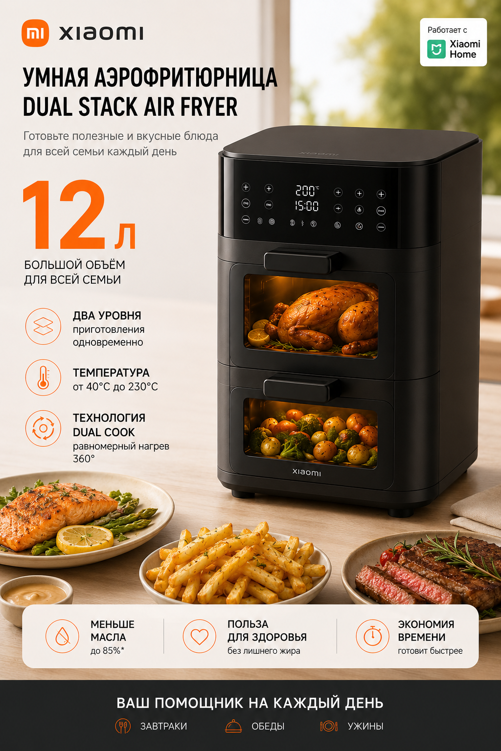 Аэрогриль Xiaomi 12 литров, двойная зона приготовления, 40–230°C, умное управление, большой объем для семьи