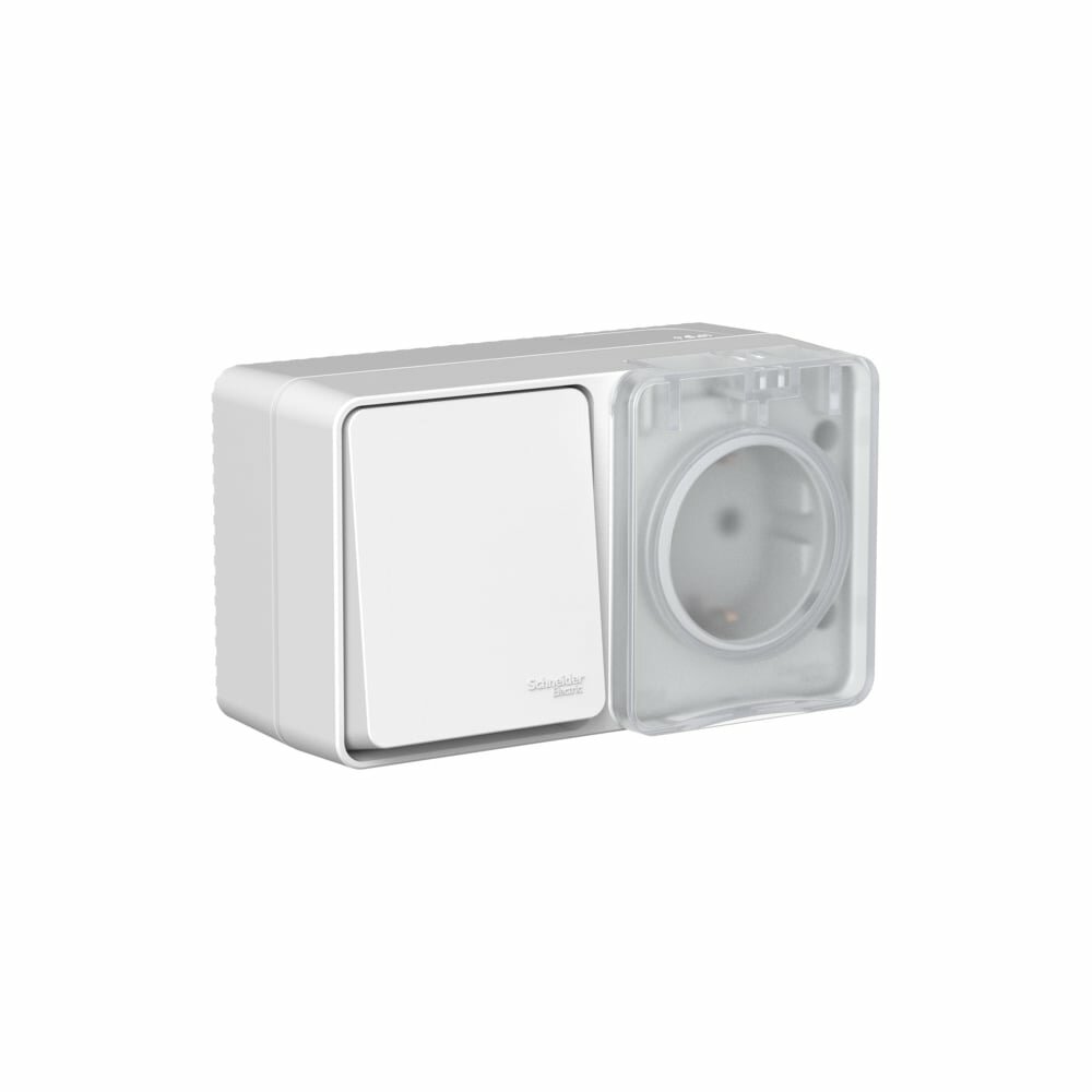 Блок Systeme Electric: Розетка с заземлением со шторками, 16 АХ, 250 В, Выключатель 1-клавишный, 10 АХ, AtlasDesign Profi IP54, открытой установки, Серый ATN543070