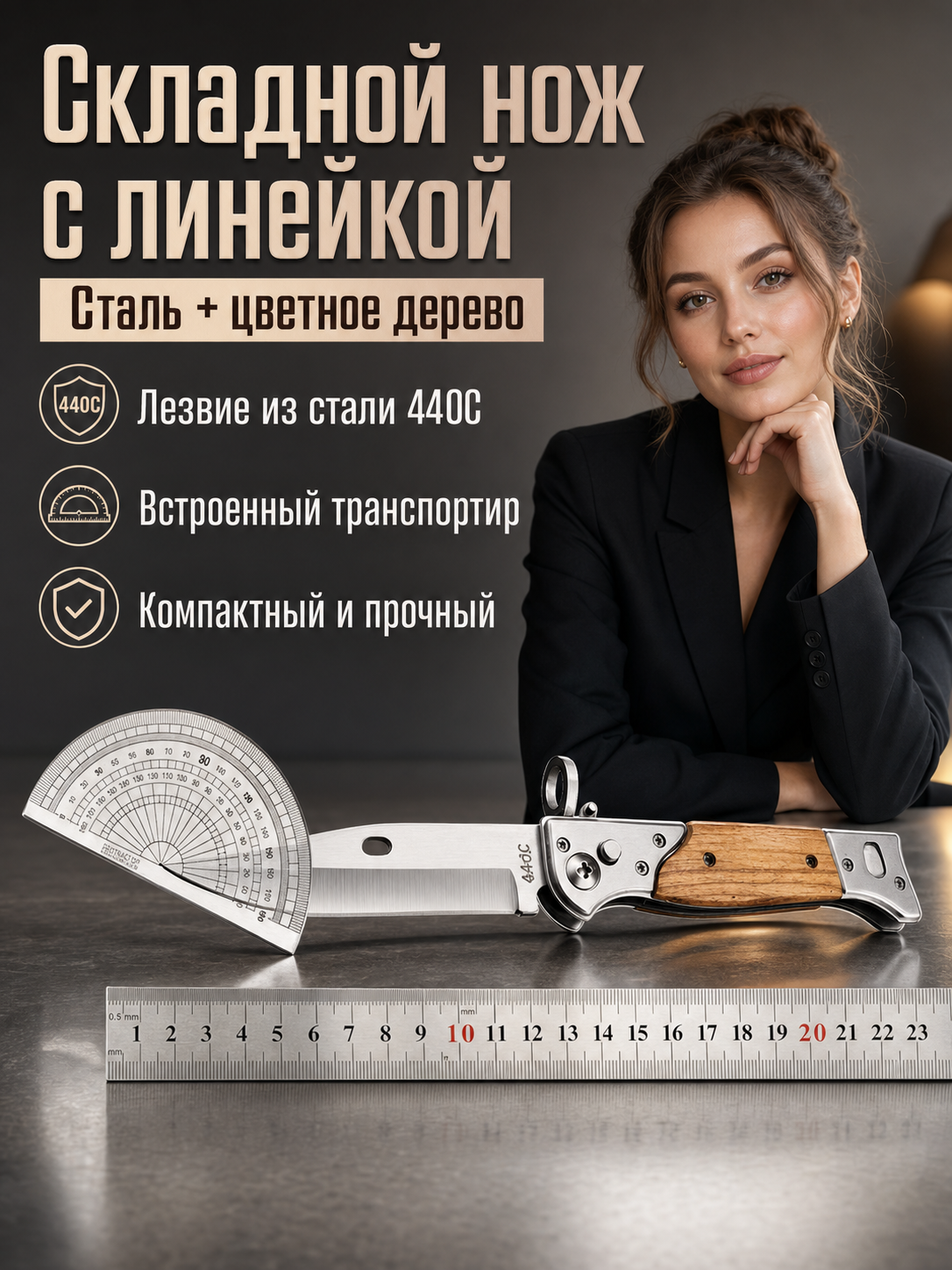 Складной нож M9 малый с клинком из стали 440C и рукоятью из цветного дерева, серебристо-коричневый, общая длина 220 мм, вес 182 грамма, портативный ин