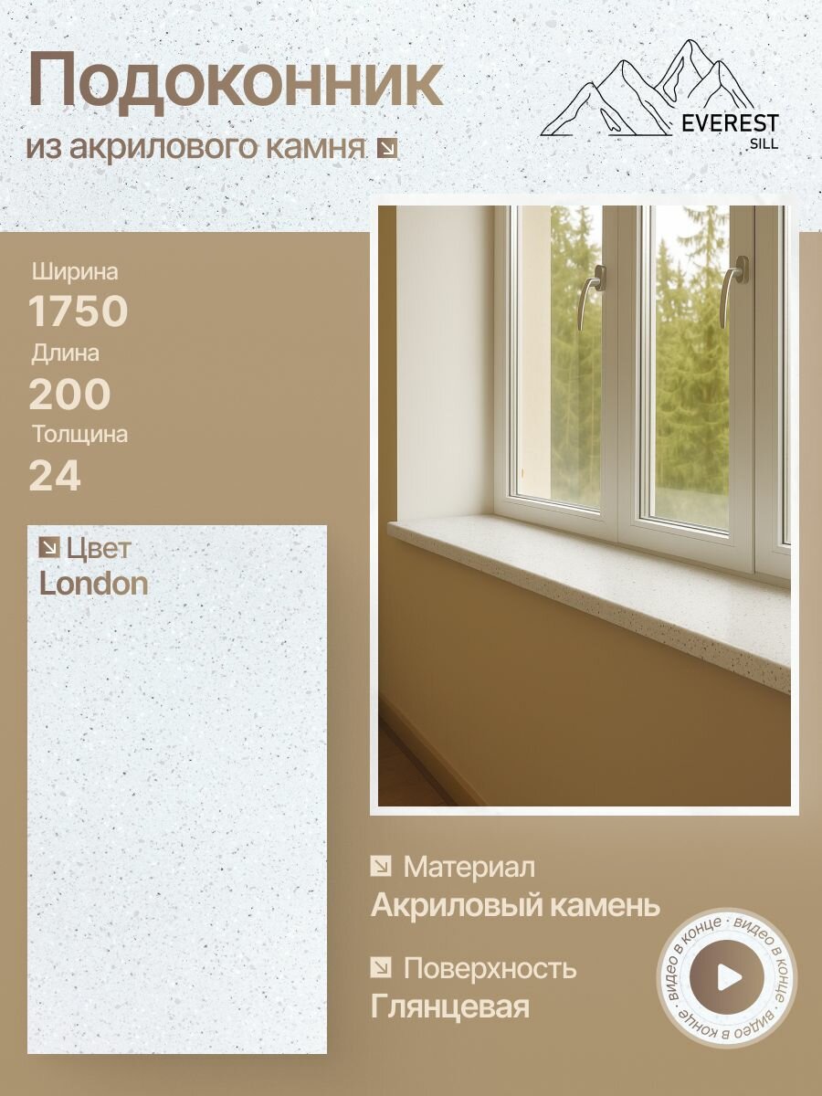 Подоконник из искусственного камня с капиносом 1750x200мм London глянцевый