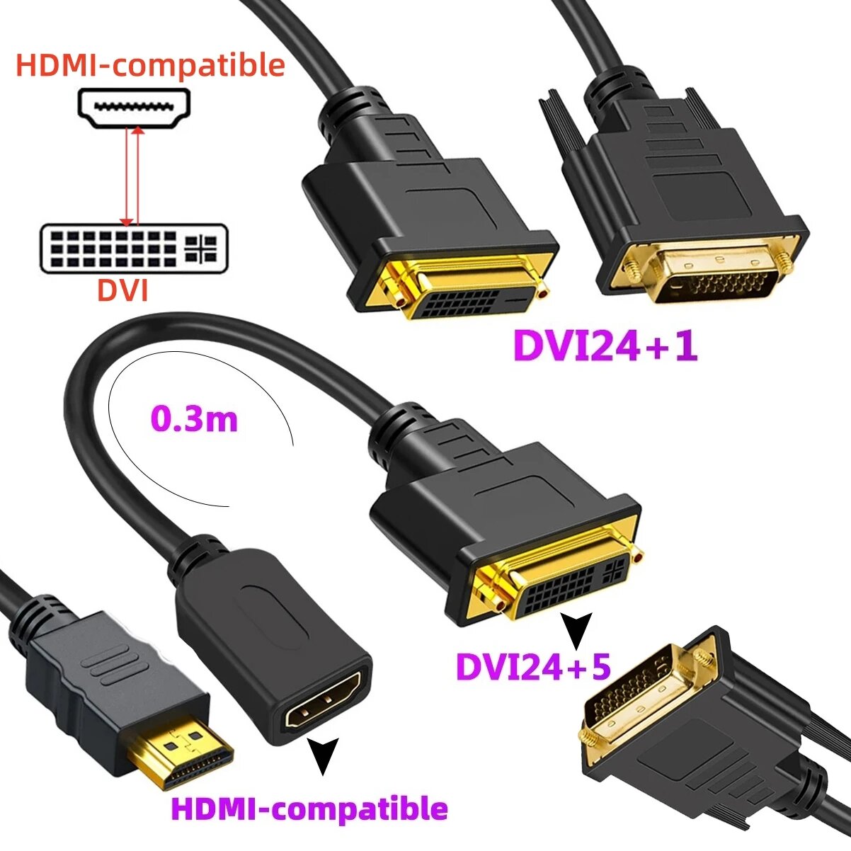 1080P HDMI-совместимый адаптер DVI, двунаправленный DVI 24 + 1/24 + 5-контактный кабель-совместимый с HDMI для PS4, монитора видеокарты ПК — фото 1