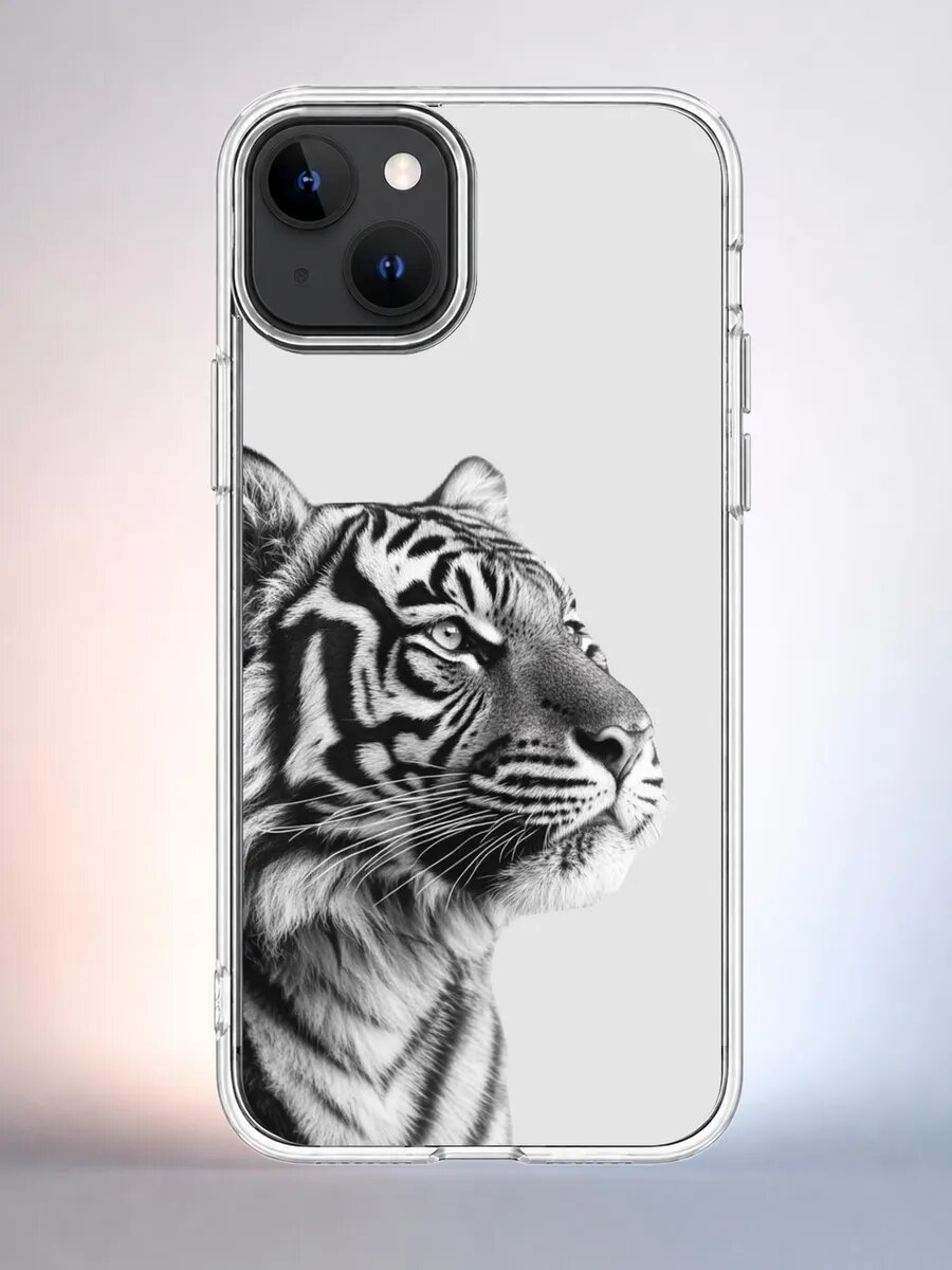 Чехол iPhone 14 тигр серый фон силиконовый