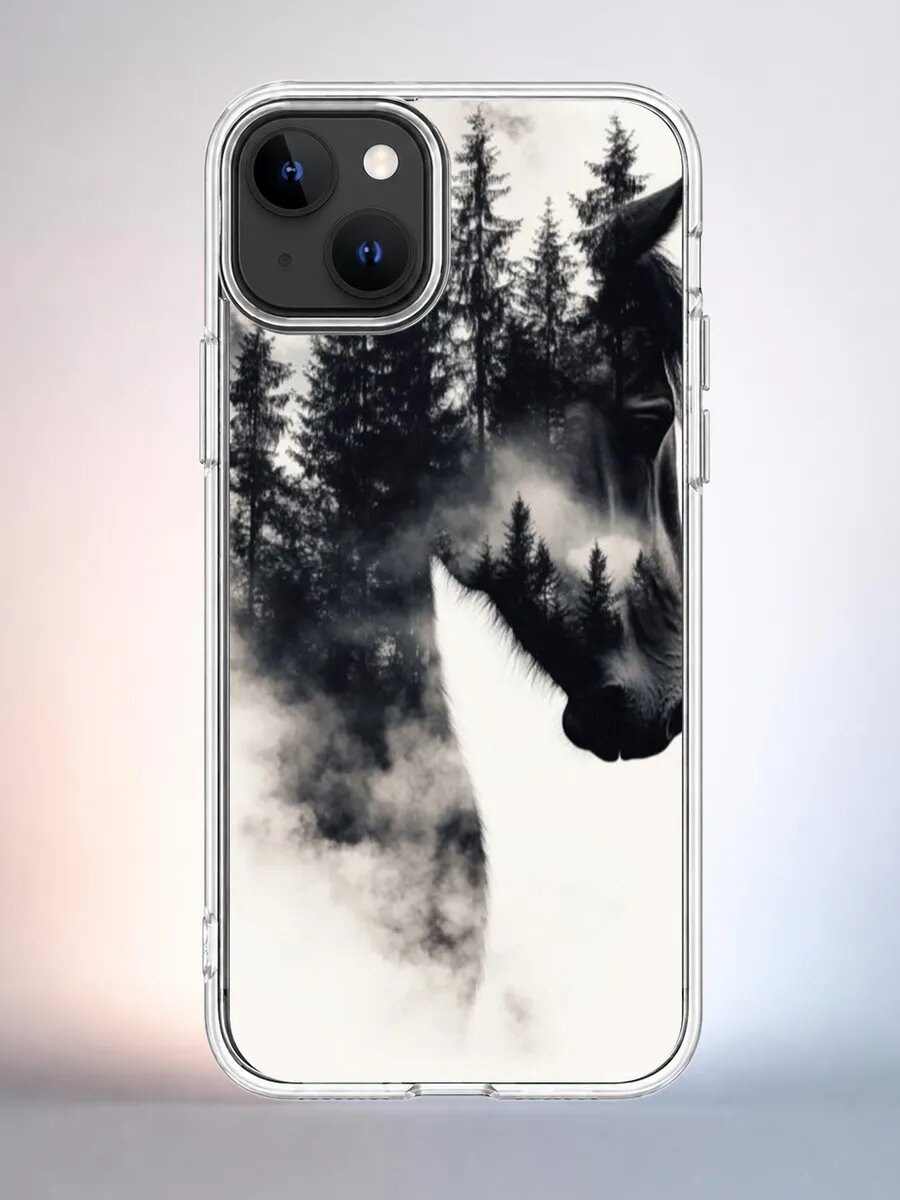 Чехол iPhone 13 конь и лес силиконовый прозрачный