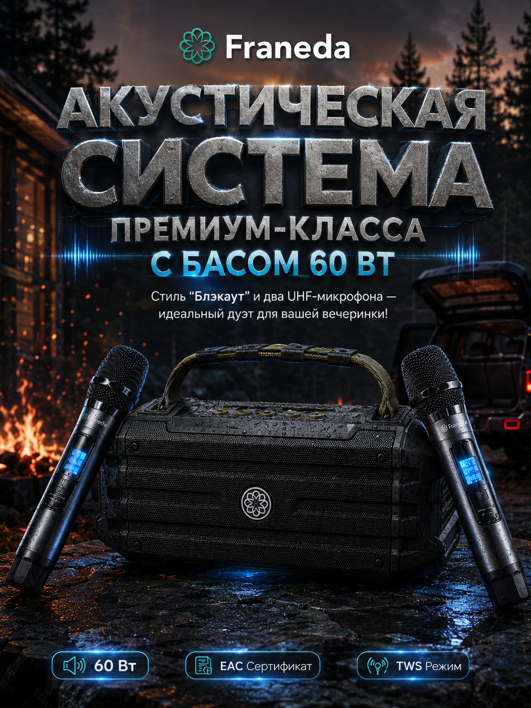 Портативная караоке-колонка FD-E50, до 60 Вт, 2 беспроводных микрофона, аккумулятор 4000 мА·ч, черная