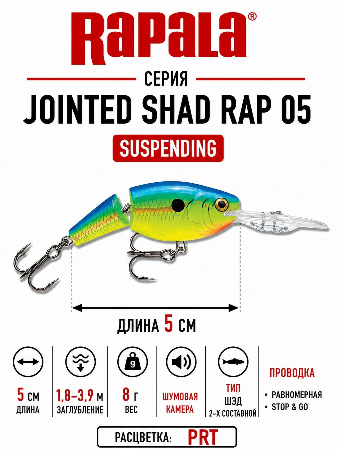 Воблер RAPALA Jointed Shad Rap 05 PRT суспендер 1,8-3,9м, 5см, 8гр ++