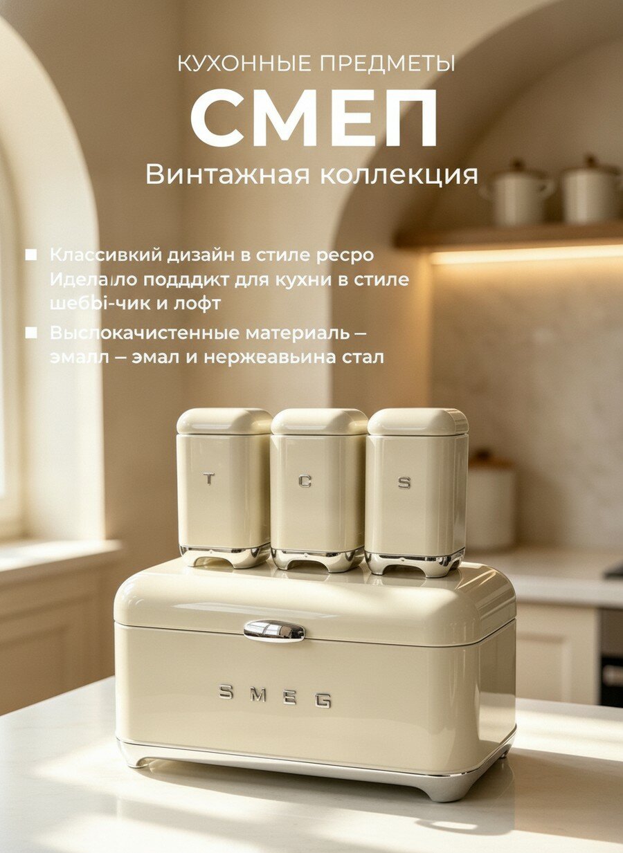Набор из трёх контейнеров для хранения хлеба от SMEG: герметичный контейнер для хранения, цвет бежевый