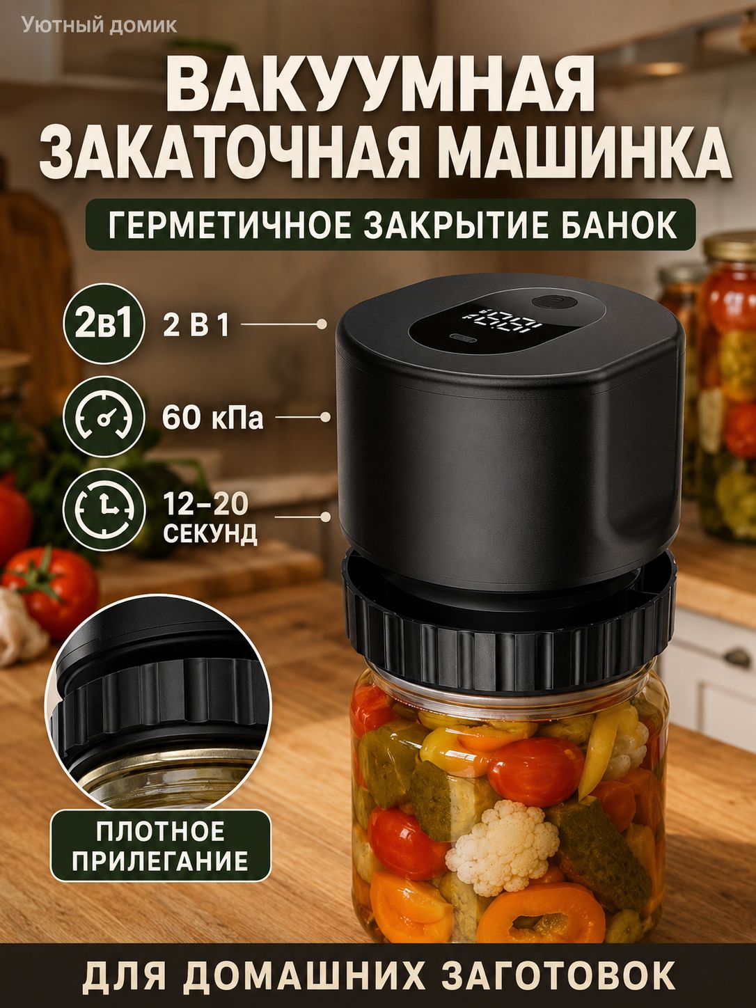 Автоматическая вакуумная закаточная машинка для банок, беспроводная USB‑зарядка, 10 крышек в комплекте