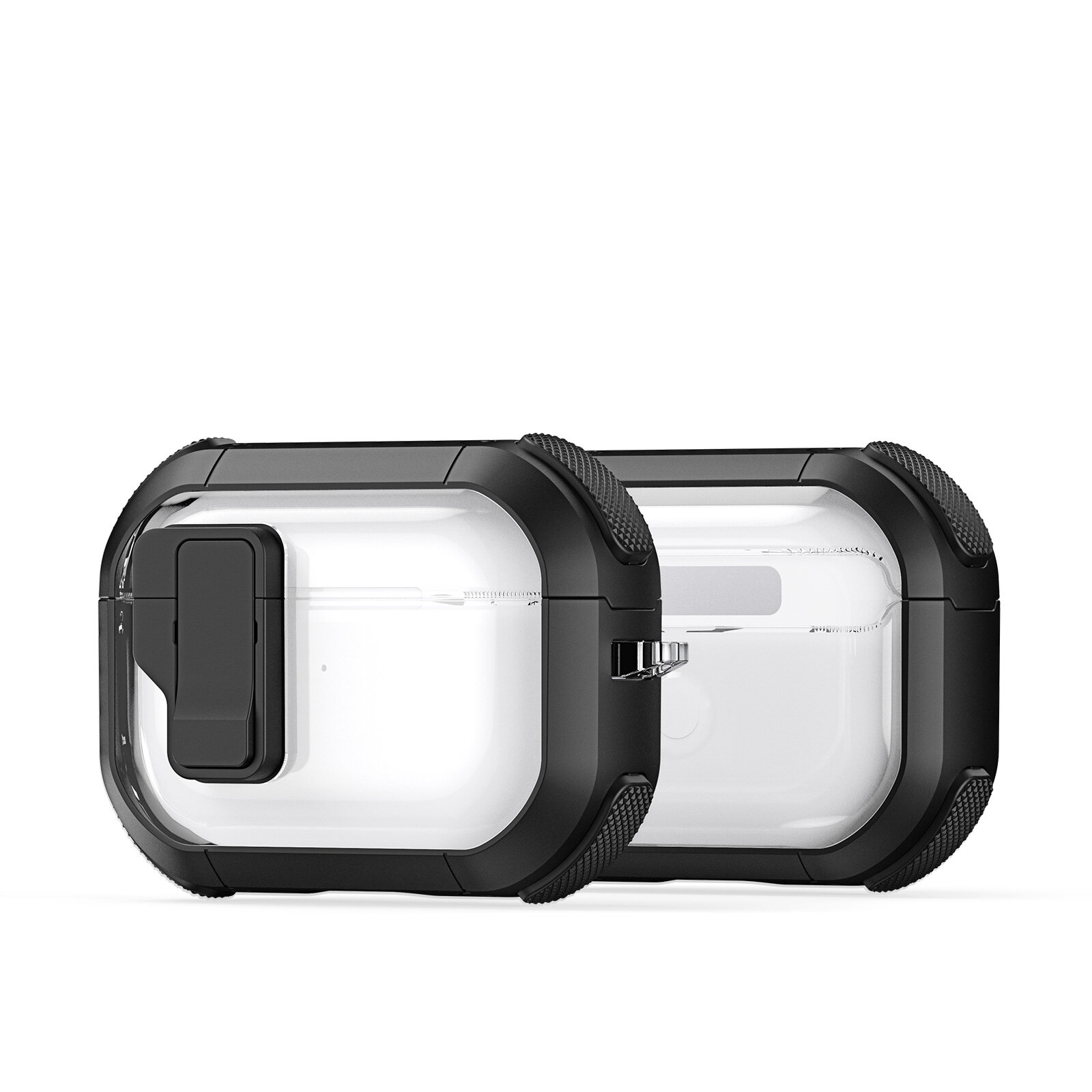Чехол с замком от Dux Ducis для наушников AirPods Pro 2, прозрачный с черными вставками, серия PECN Series Case, в комплекте с карабином