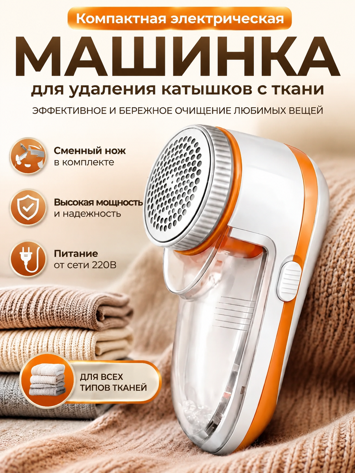 Компактная электрическая машинка для удаления катышков с ткани, ABS-пластик, белая/оранжевая, 180 г