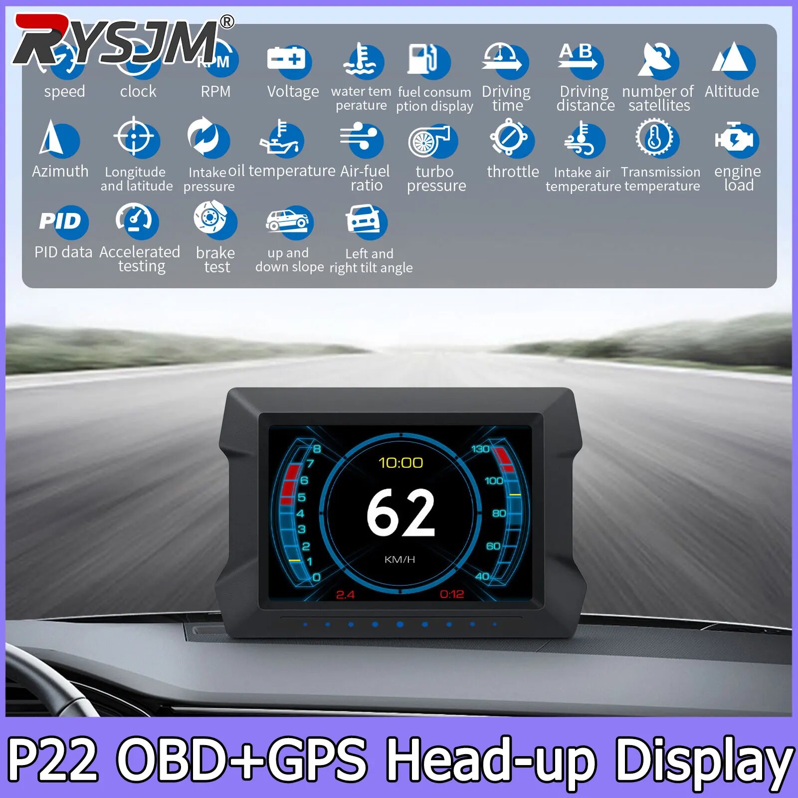 P22 OBD2 GPS HUD Проекционный дисплей (HUD) с функцией спидометра, сигнализацией, отображением температуры воды, напряжения, .