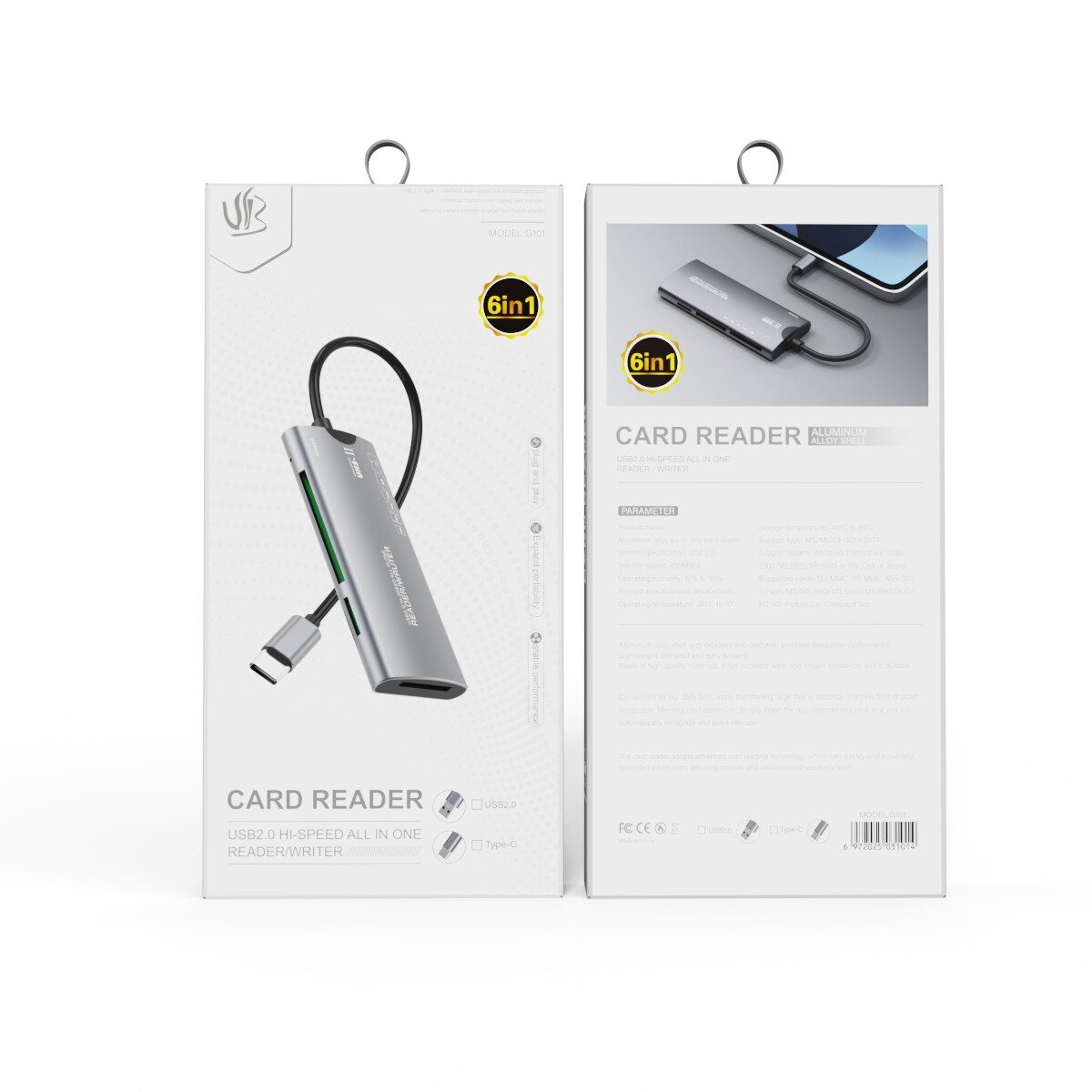 USB 6-в-1 Картридер, Высокопроизводительный мультифункциональный адаптер карт SD CF XD, в цветной коробке