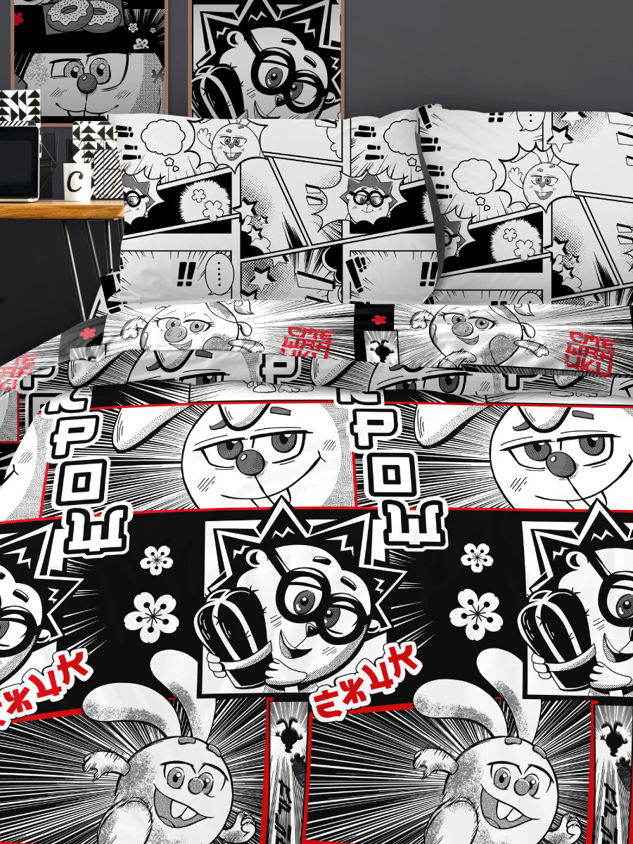 Постельное белье Uniqcute 2-спальное, Бязь, наволочки 50х70 см, Смешарики, Энергия аниме