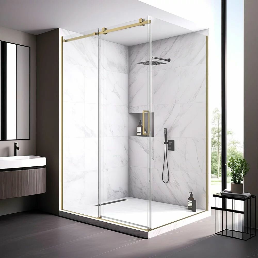Душевой уголок Veconi Rovigo RV-075G, 140х80, стекло прозрачное, профиль брашированное золото RV075G-14080-01-C4