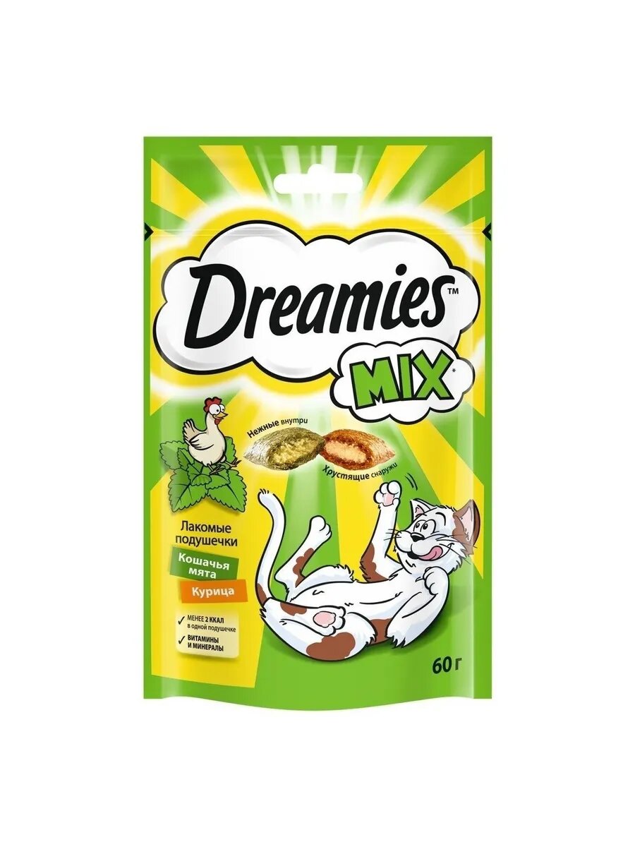 Лакомство Dreamies Подушечки с курицей и кошачьей мятой для