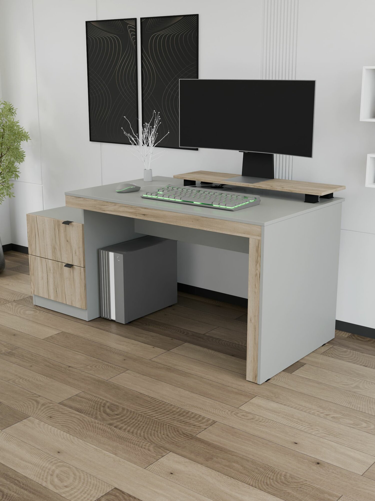 Изумлит Стол компьютерный для офиса и дома Вертикаль Компакт Лайт 165х73х74.5 см, тумба слева, шиншилла серая - дуб крафт серый