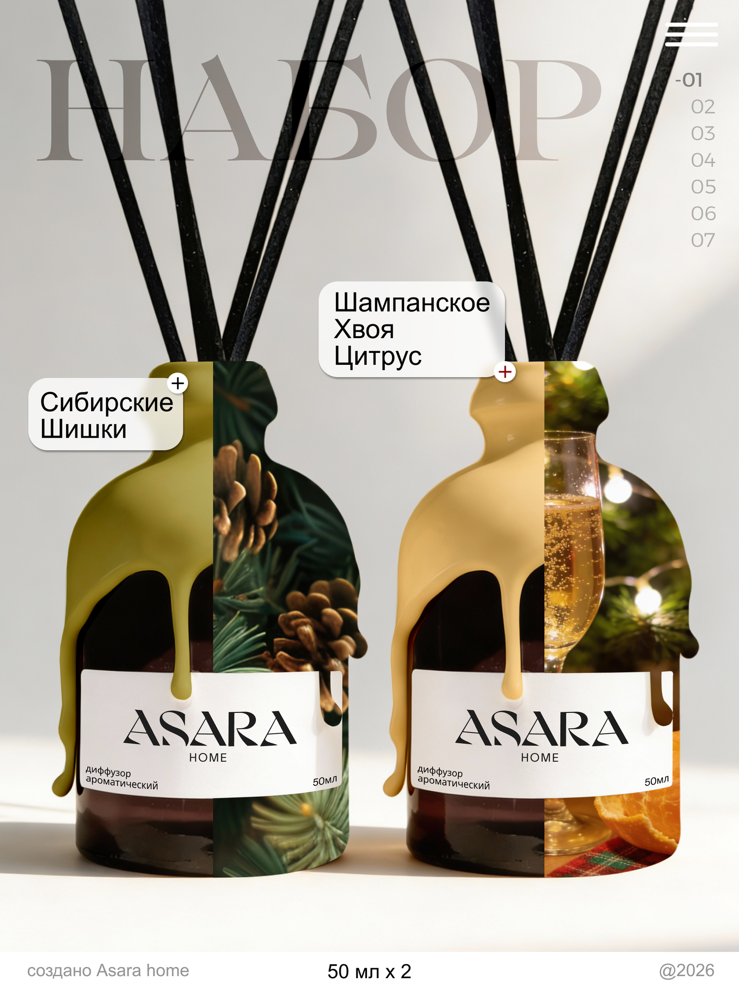 Диффузор для дома набор с палочками 2 штуки с ароматами елка мандарины шампанское и еловые шишки