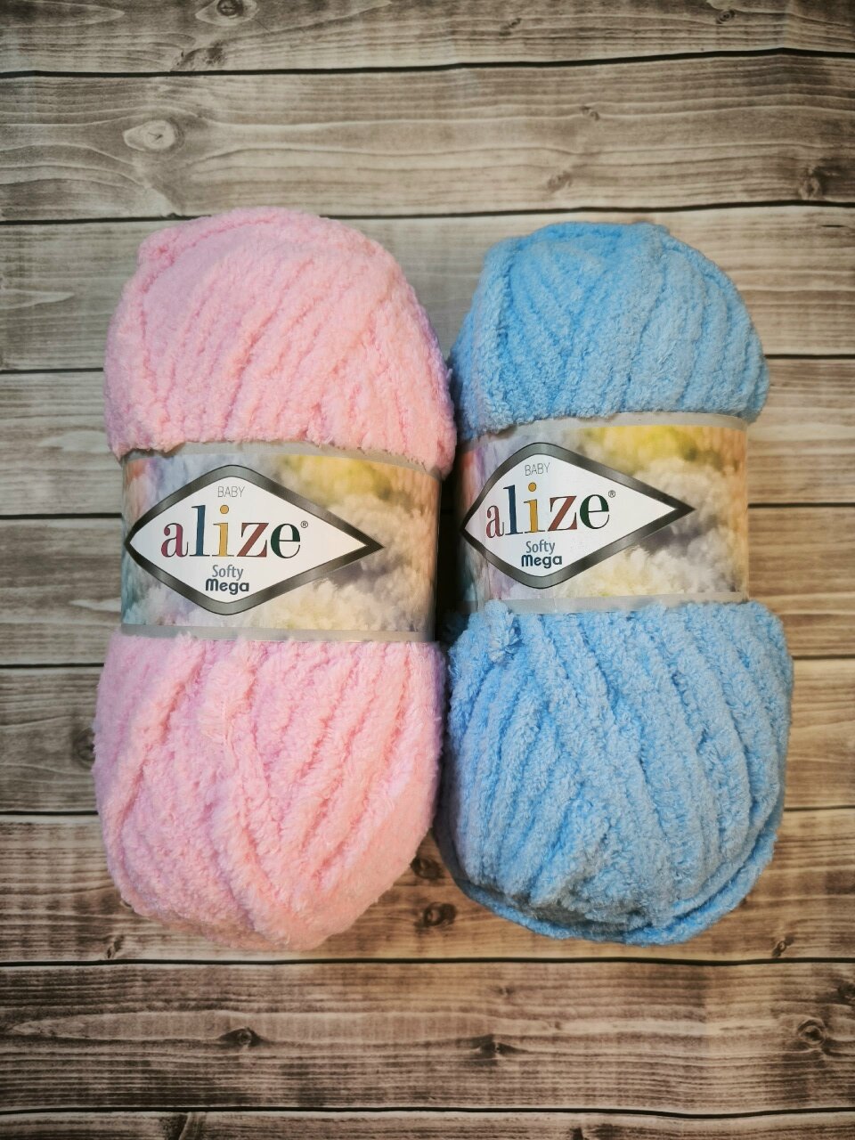 Пряжа Alize Softy Mega, цвет 185 розовый и 40 голубой, набор 2 мотка, вес мотка 100 гр, длина нити 70 м (Ализе Софти Мега)