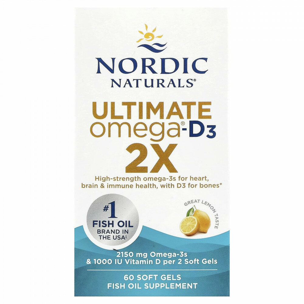 Nordic Naturals, Ultimate Omega®-D3 2X, отличный лимон, 60 мягких таблеток