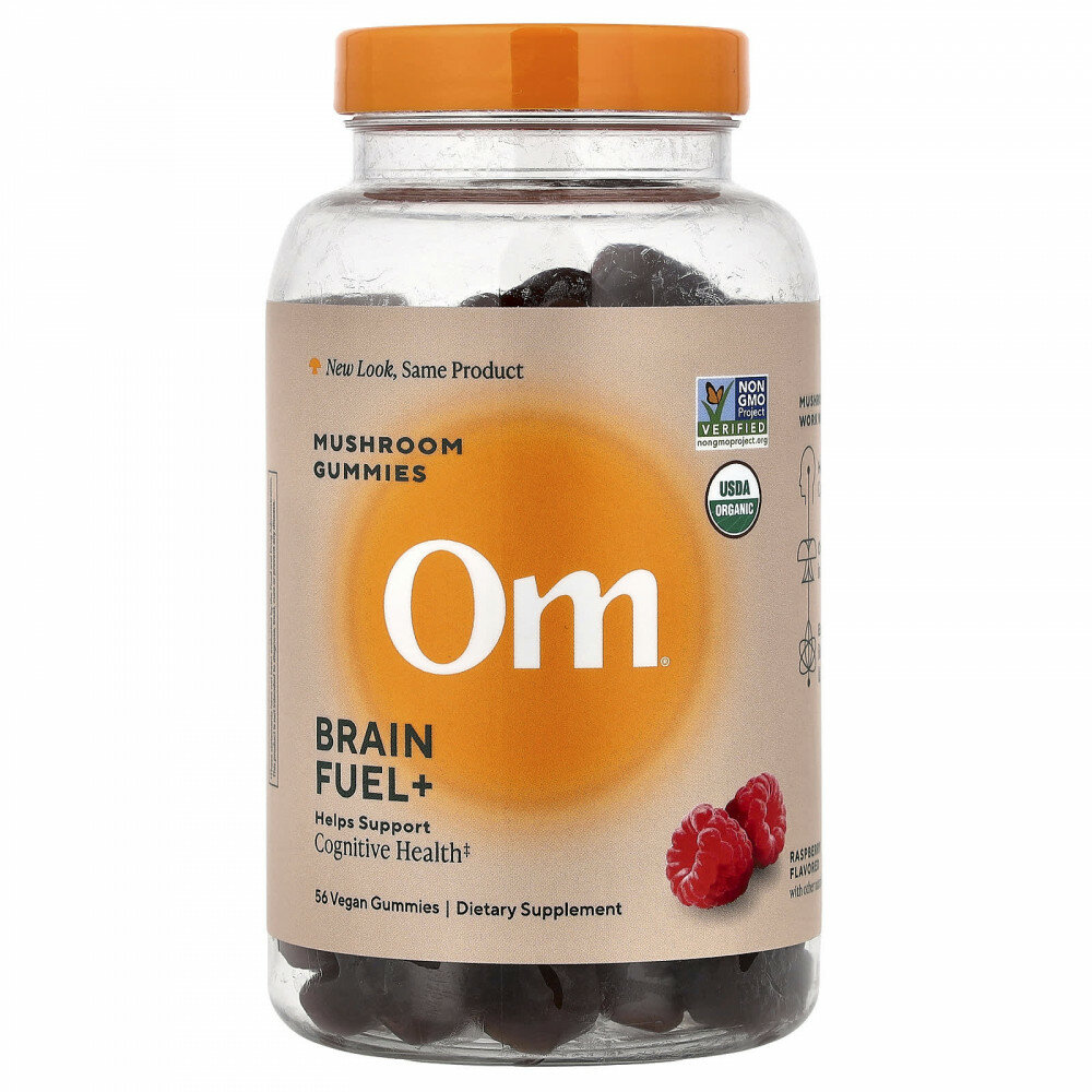 Om Mushrooms, Brain Fuel+, жевательные грибы, со вкусом малины, 56 веганских жевательных таблеток