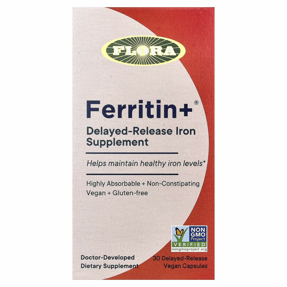 Flora, Ferritin +®, 30 веганских капсул с отсроченным высвобождением (20 мг в 1 капсуле)