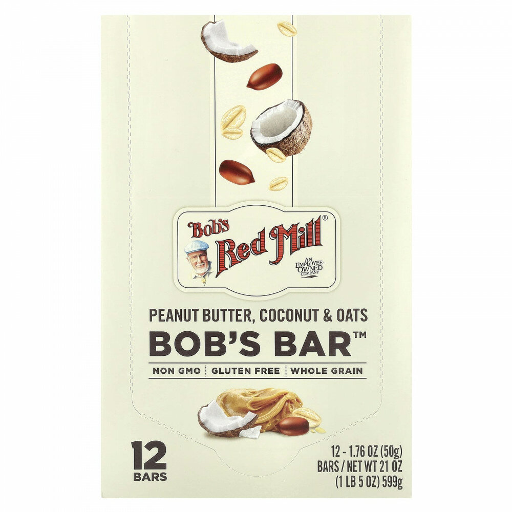 Bob's Red Mill, Bob's Bar ™, арахисовая паста, кокос и овес, 12 батончиков по 50 г (1,76 унции)