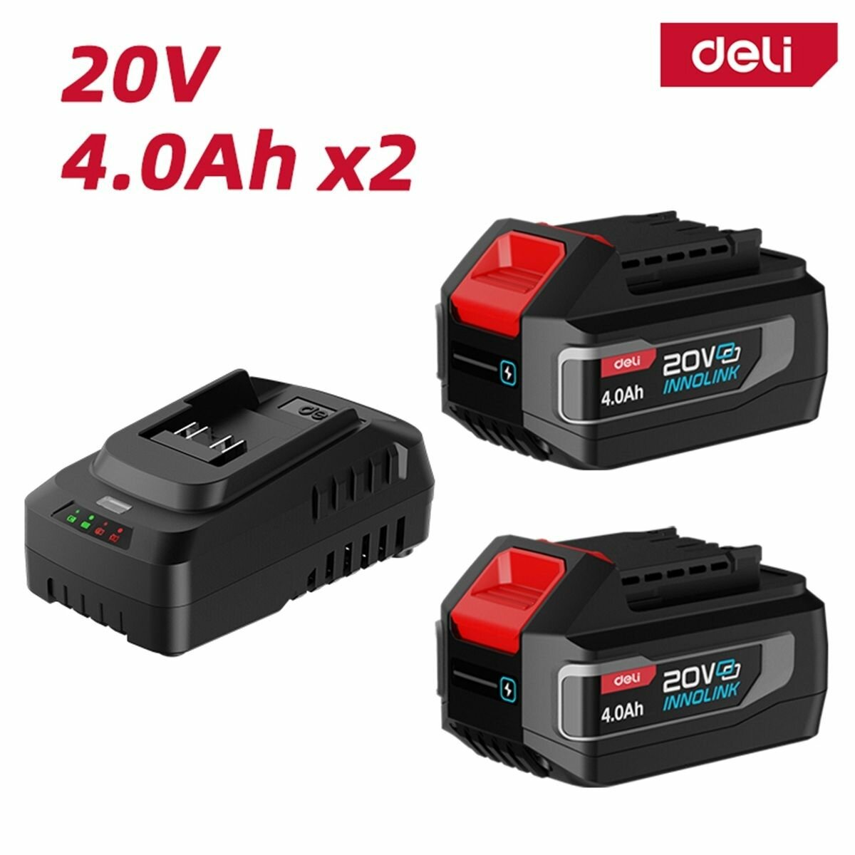 Набор аккумулятор и зарядное устройство Deli DE-CM20A4E (2АКБ 20V 4А*ч + ЗУ 2A, 20V)