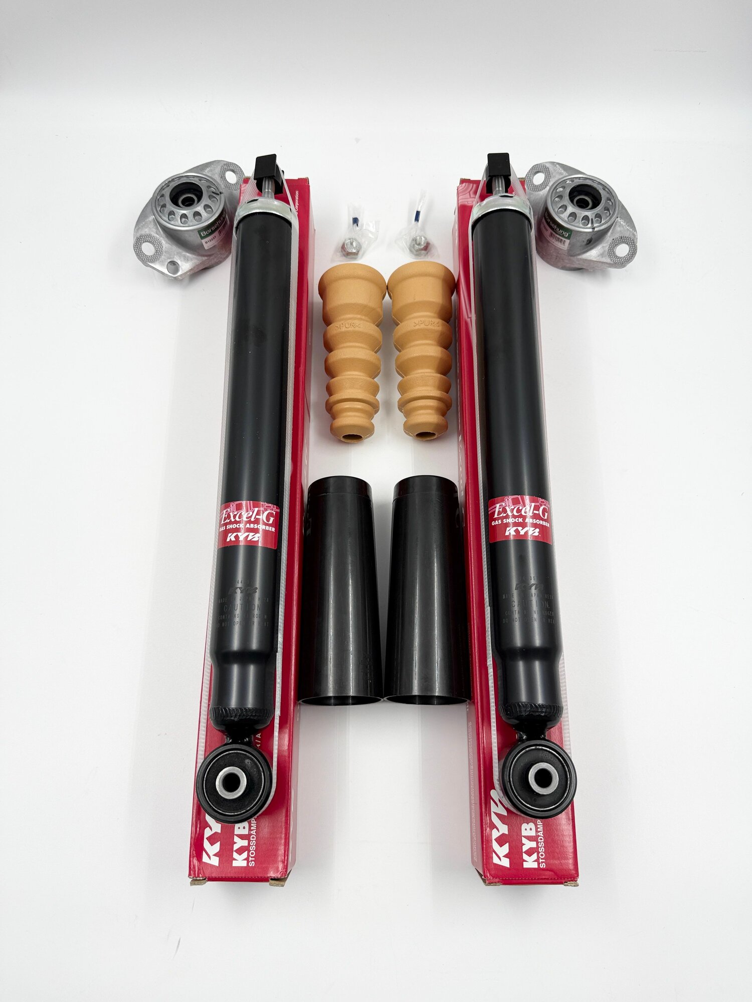 Комплект задних амортизаторов Kayaba, с опорами BORSEHUNG, пыльниками и отбойниками, для VW Polo/Skoda Rapid, к-т.