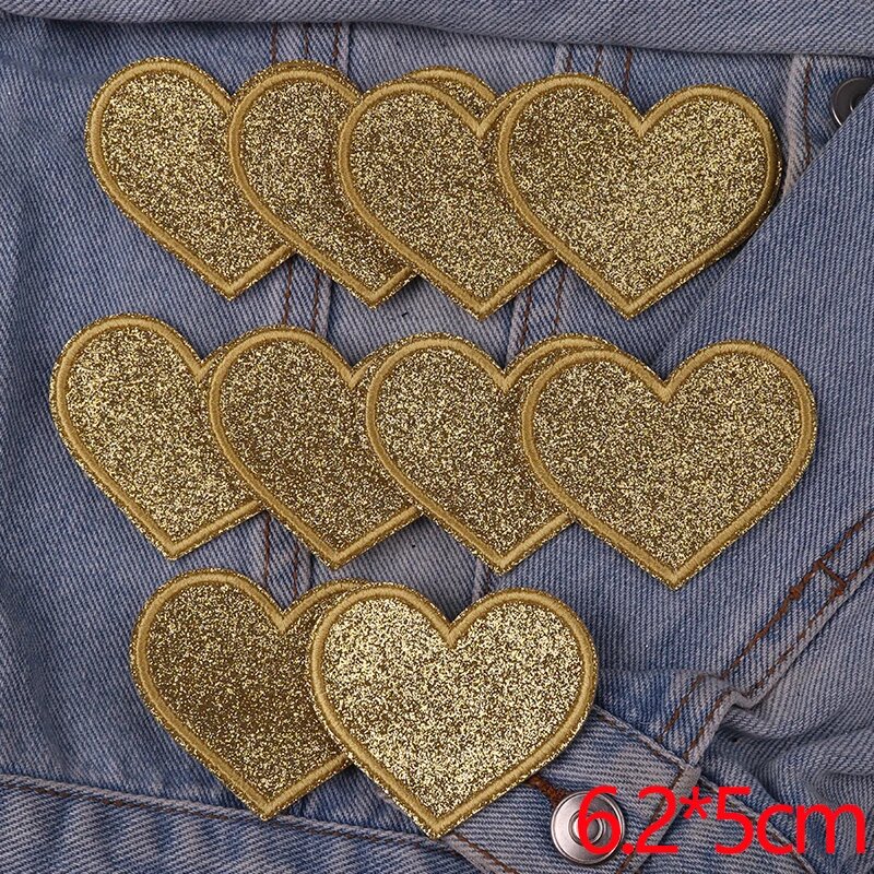 Золотые нашивки сердечки с блестками 6.2x5cm