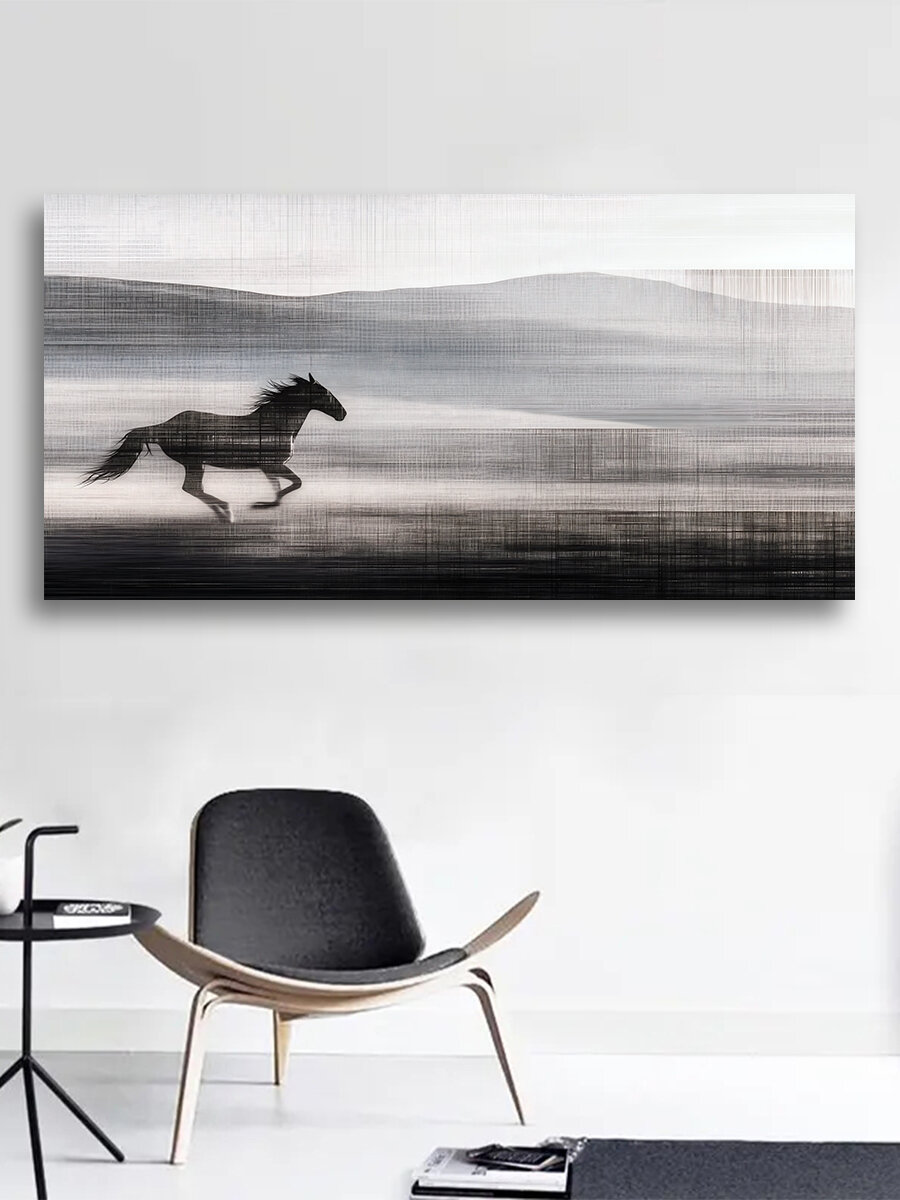 Интерьерная картина на стену горизонтальная - "Лошадь, благородный скакун, панормный дизайнерский арт на стену" , 40х80 см.