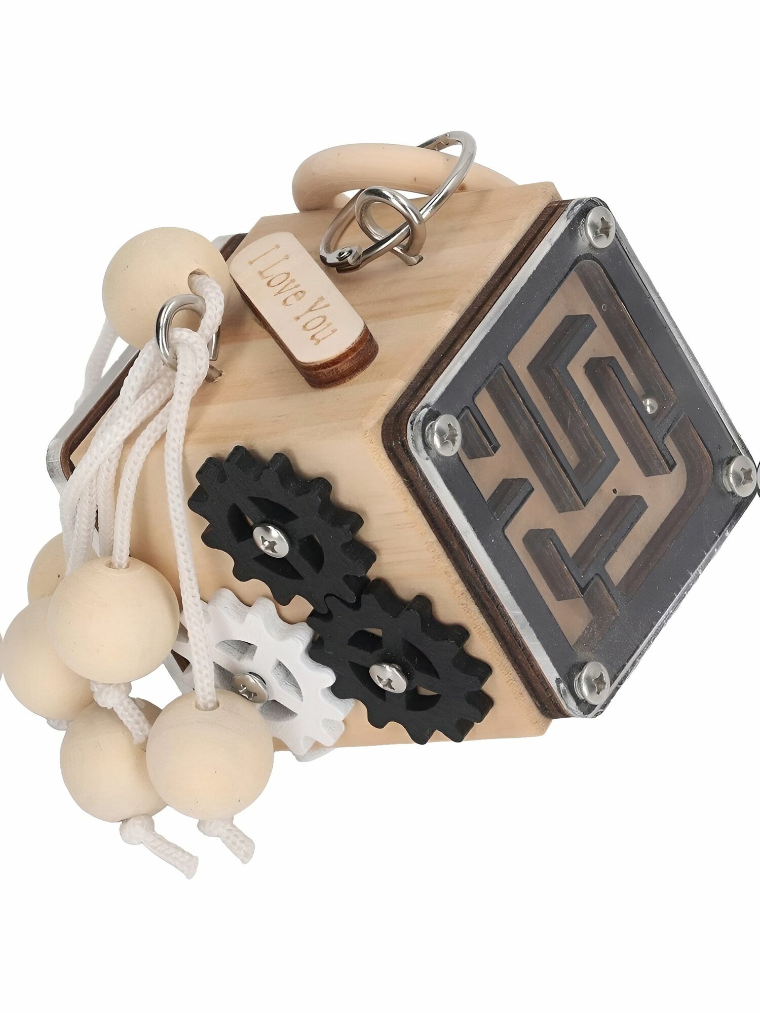 Бизикуб "Busy Cube", дерево/металл/текстиль, бежевый, белый и черный. Монтессори.