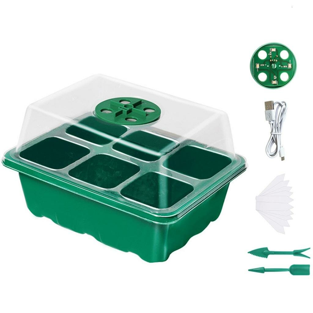 Контейнер для выращивания растений indoors с LED-подсветкой, Зеленый с 6 отверстиями