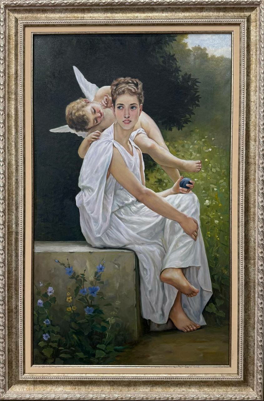 Картина маслом, люди "Шепот ангела". Холст/Масло, 2019. Размер 75х45. Автор Кудин